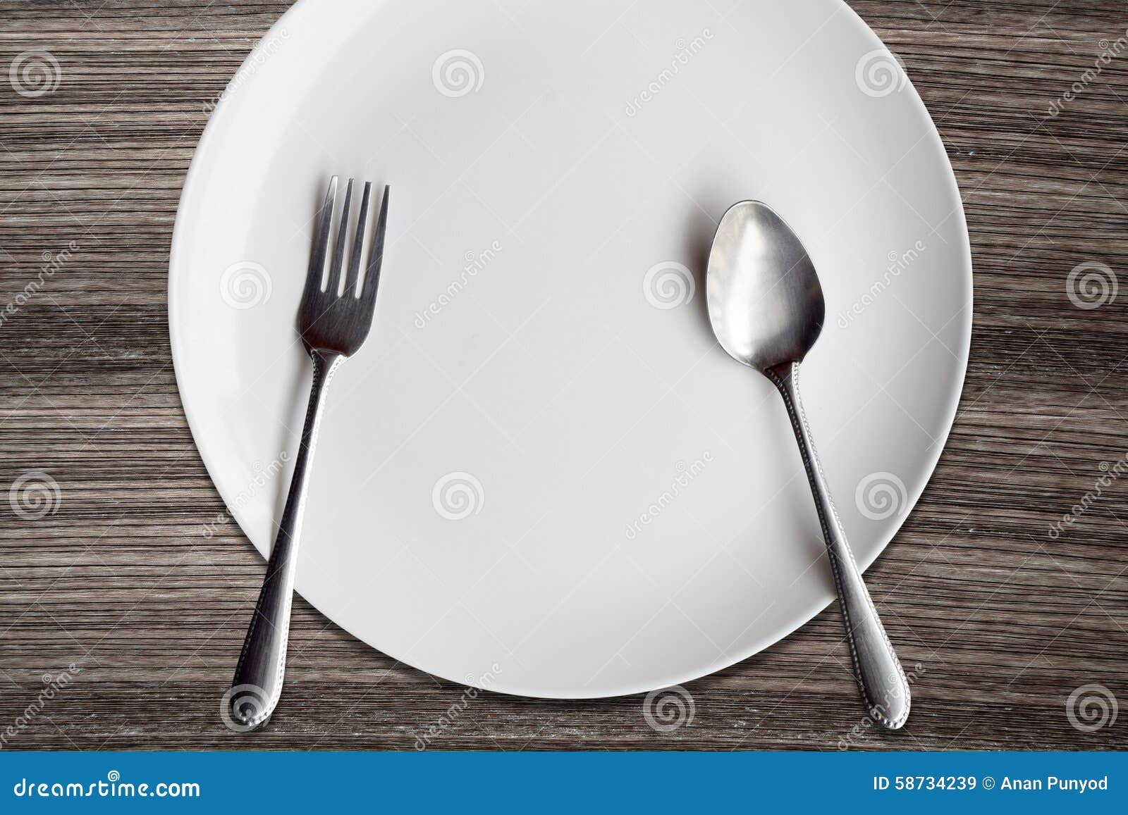 Top View White Dish Spoon Fork on Wood Background Stock Image - Image ...