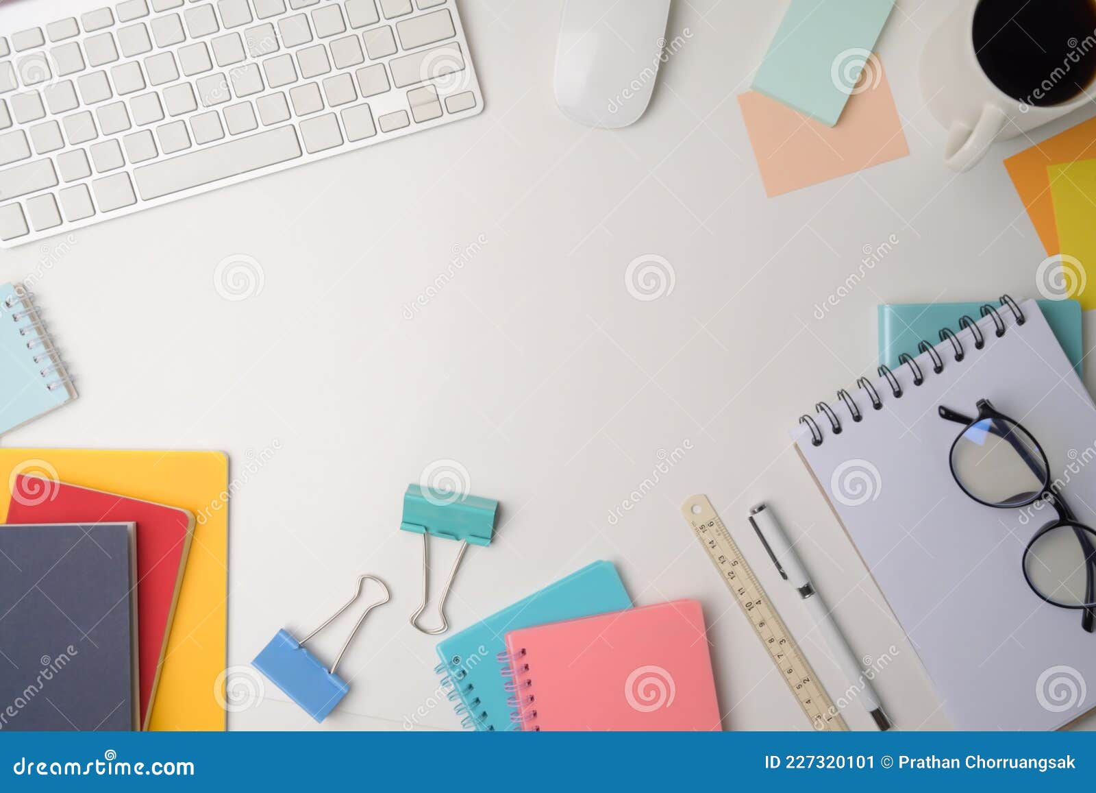 Top View Office Desk with Notebook, Sticky Notes and Coffee Cup. Stock ...
