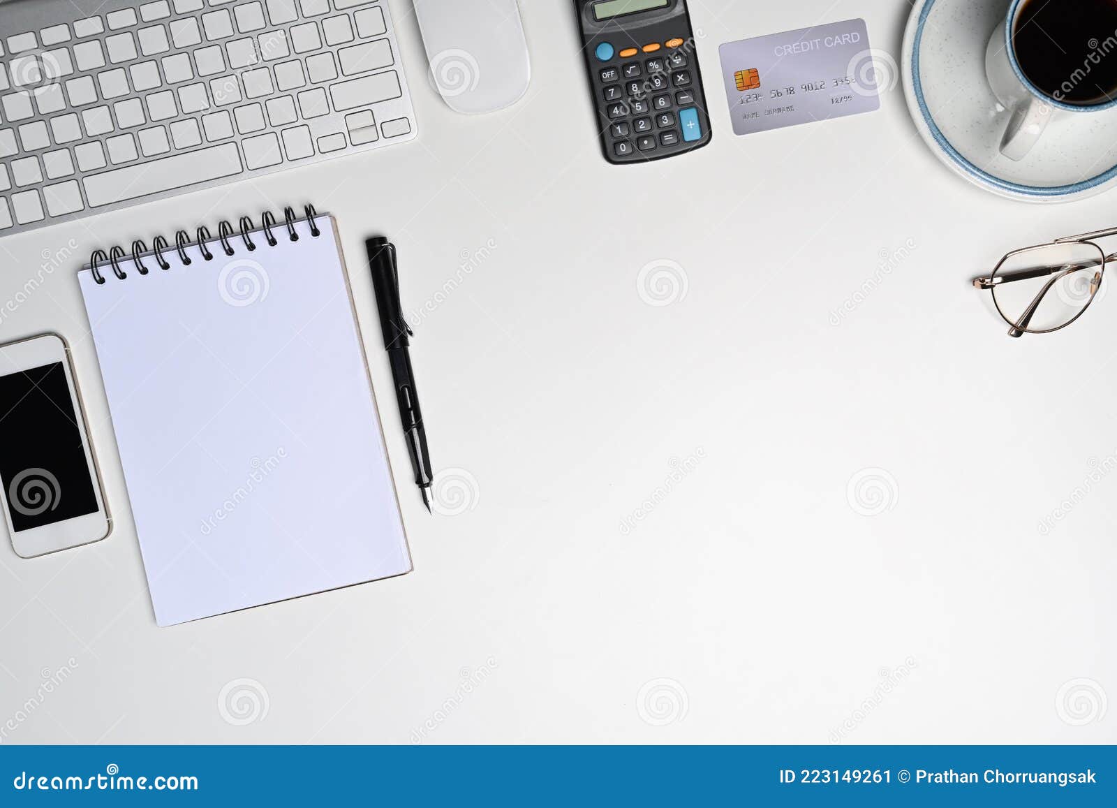 White Office Desk with Notepad, Calculator, Mobile and Glasses. Stock ...
