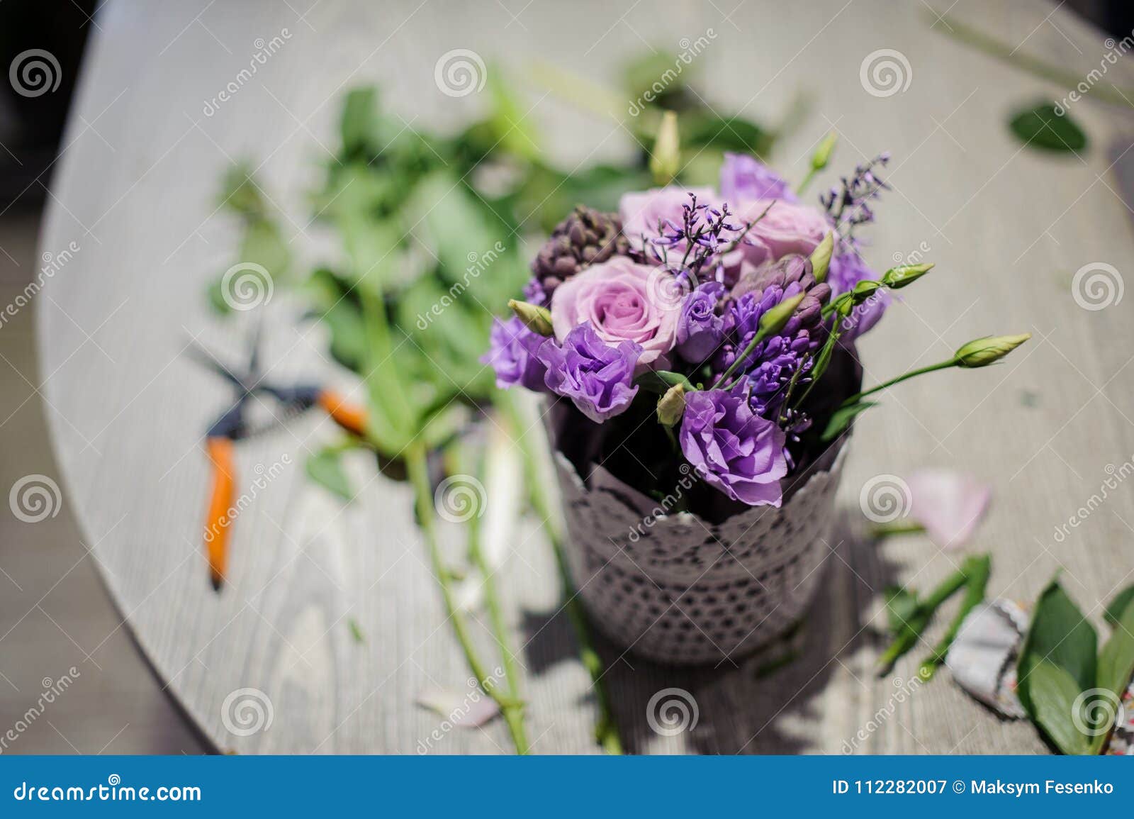 Top View of a White Pot with Purple Flower Composition Stock Image ...