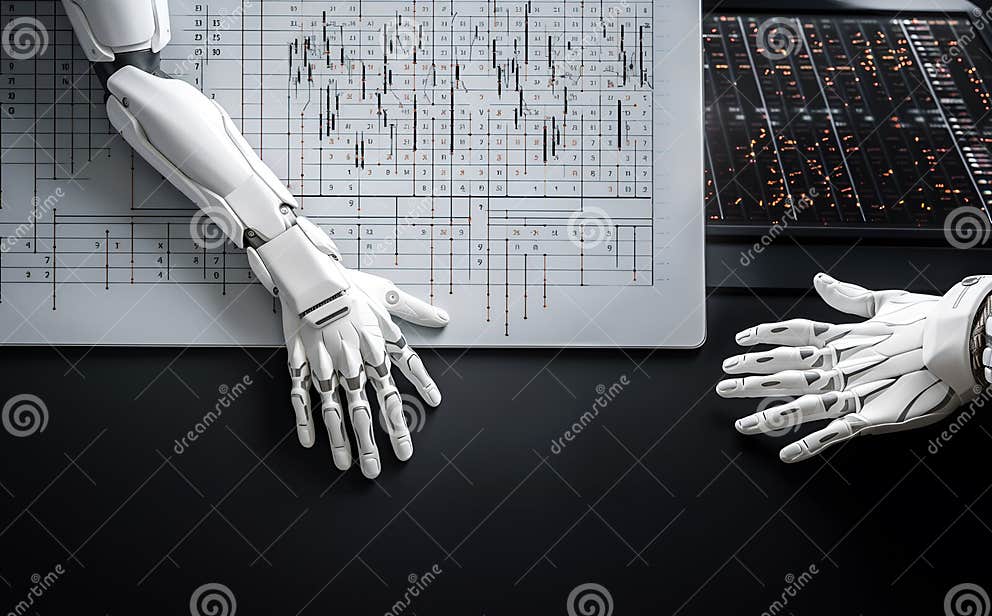 Top View of White Robot Hands on Keyboard, Graphs on Empty Space for ...