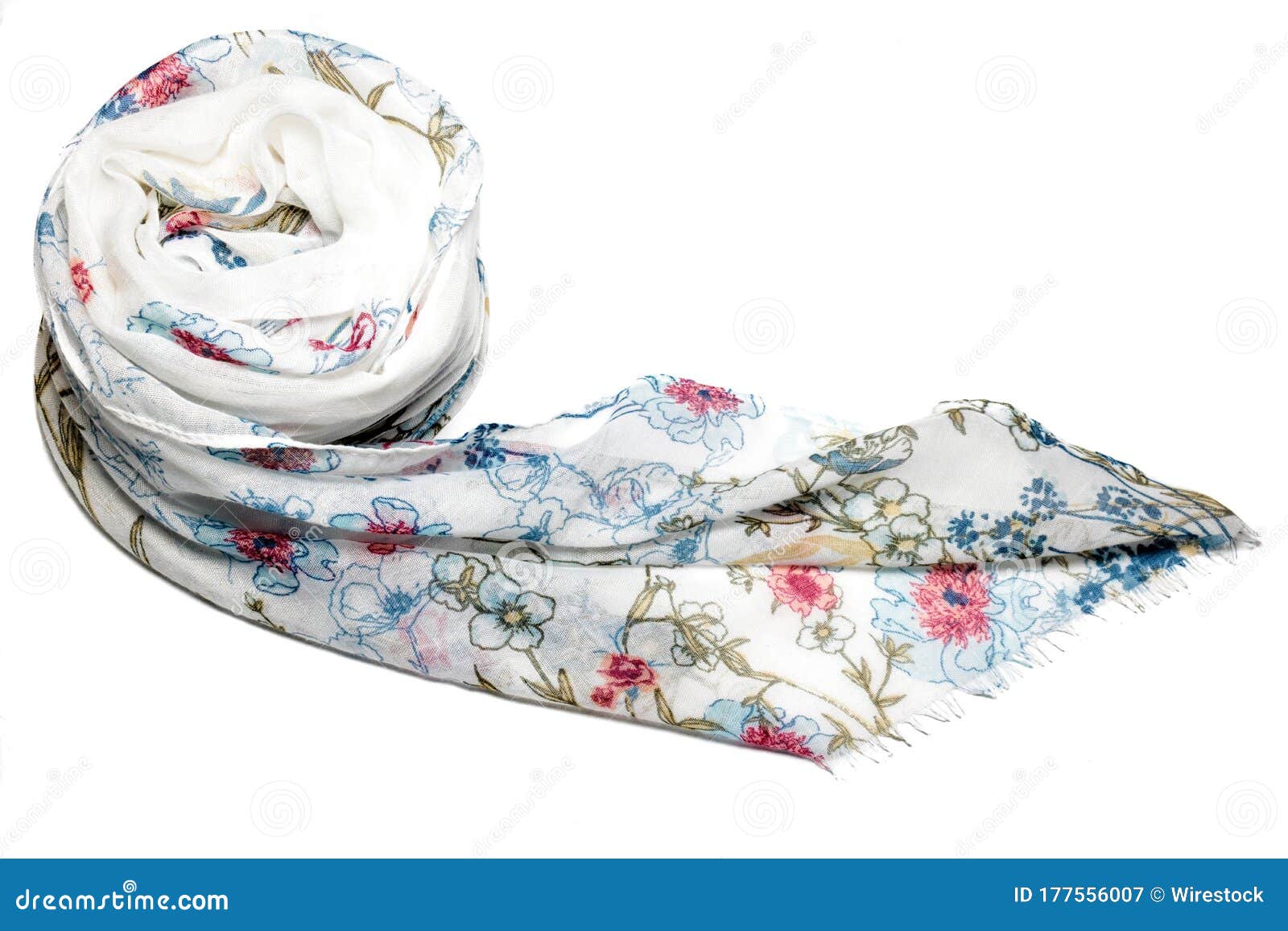 Top View of a White Rolled Up Scarf with Floral Design on a White ...