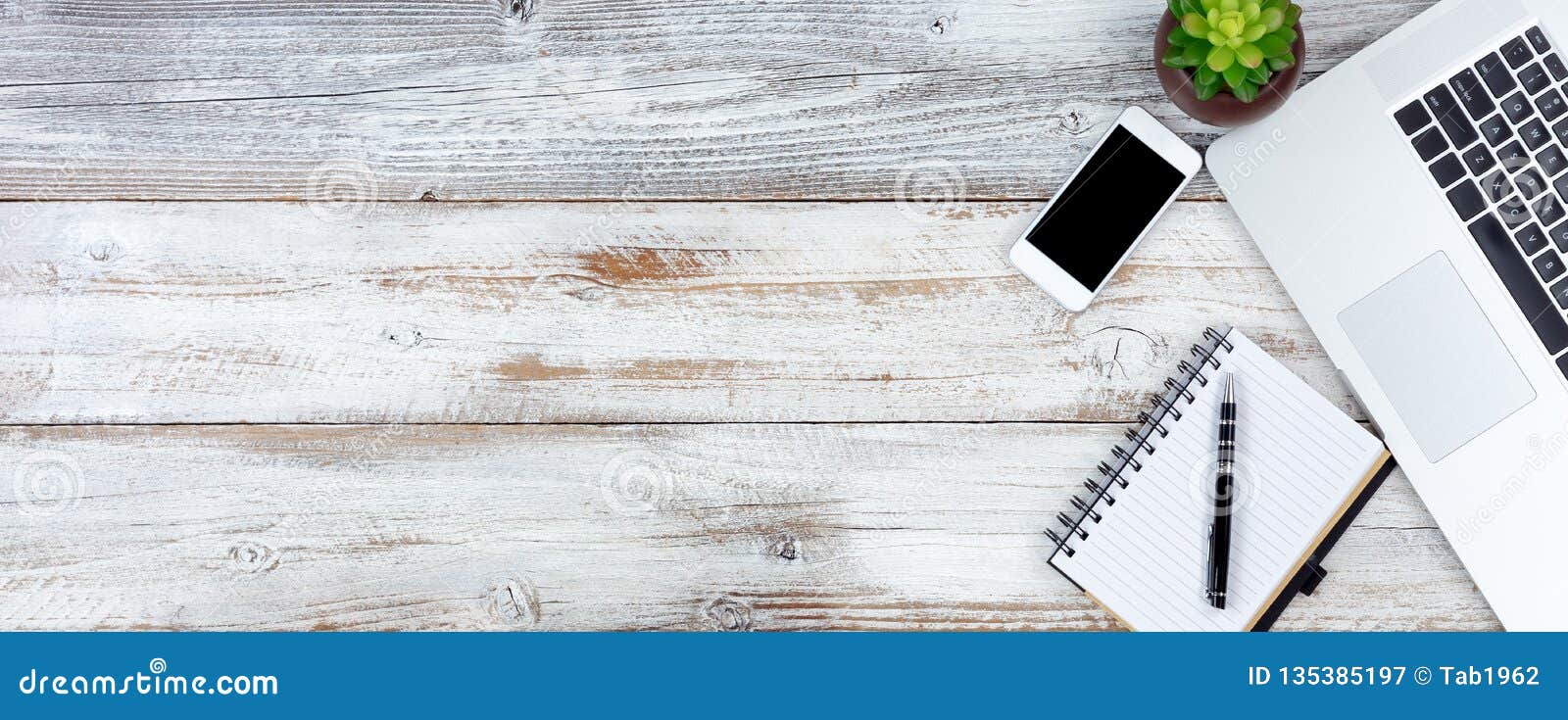 Overhead View of White Rustic Desk with Laptop Computer and Work ...