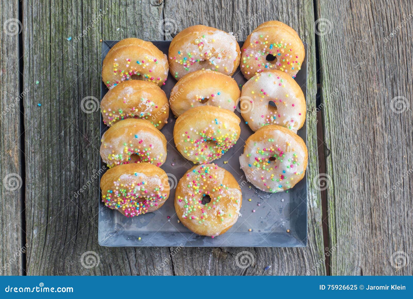 Top View on White Sugar Glazed Mini Donuts on a Sheet Metal Tray Stock ...