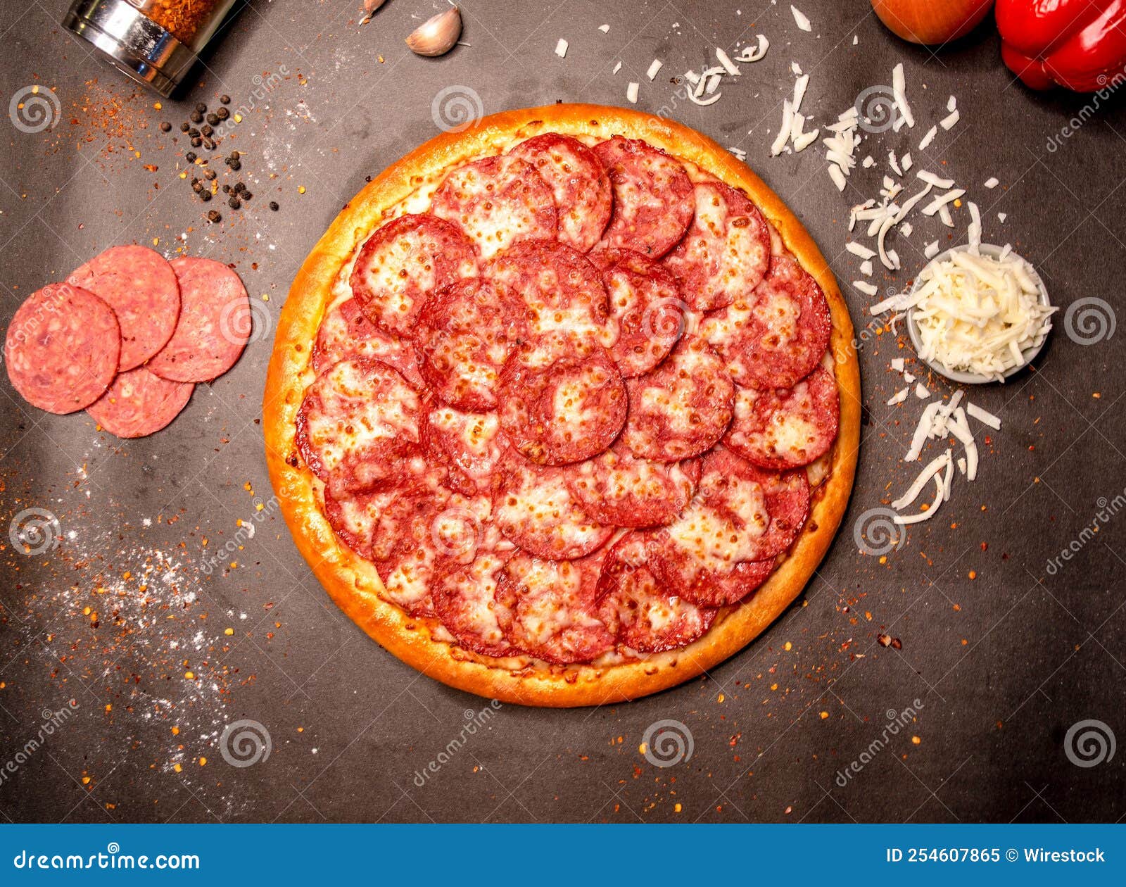 Top View of a Whole Pepperoni Pizza on the Table Stock Image - Image of ...