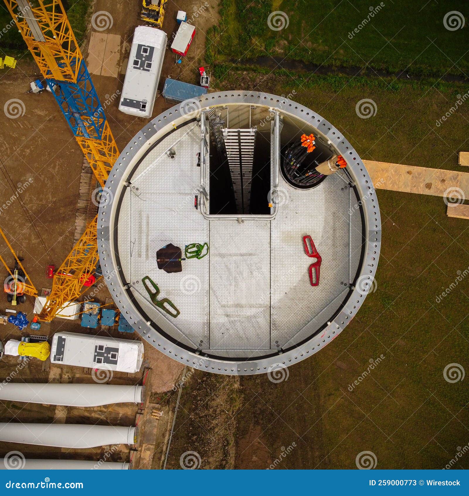Top View of a Windmill Construction Site with Various Equipment on a ...