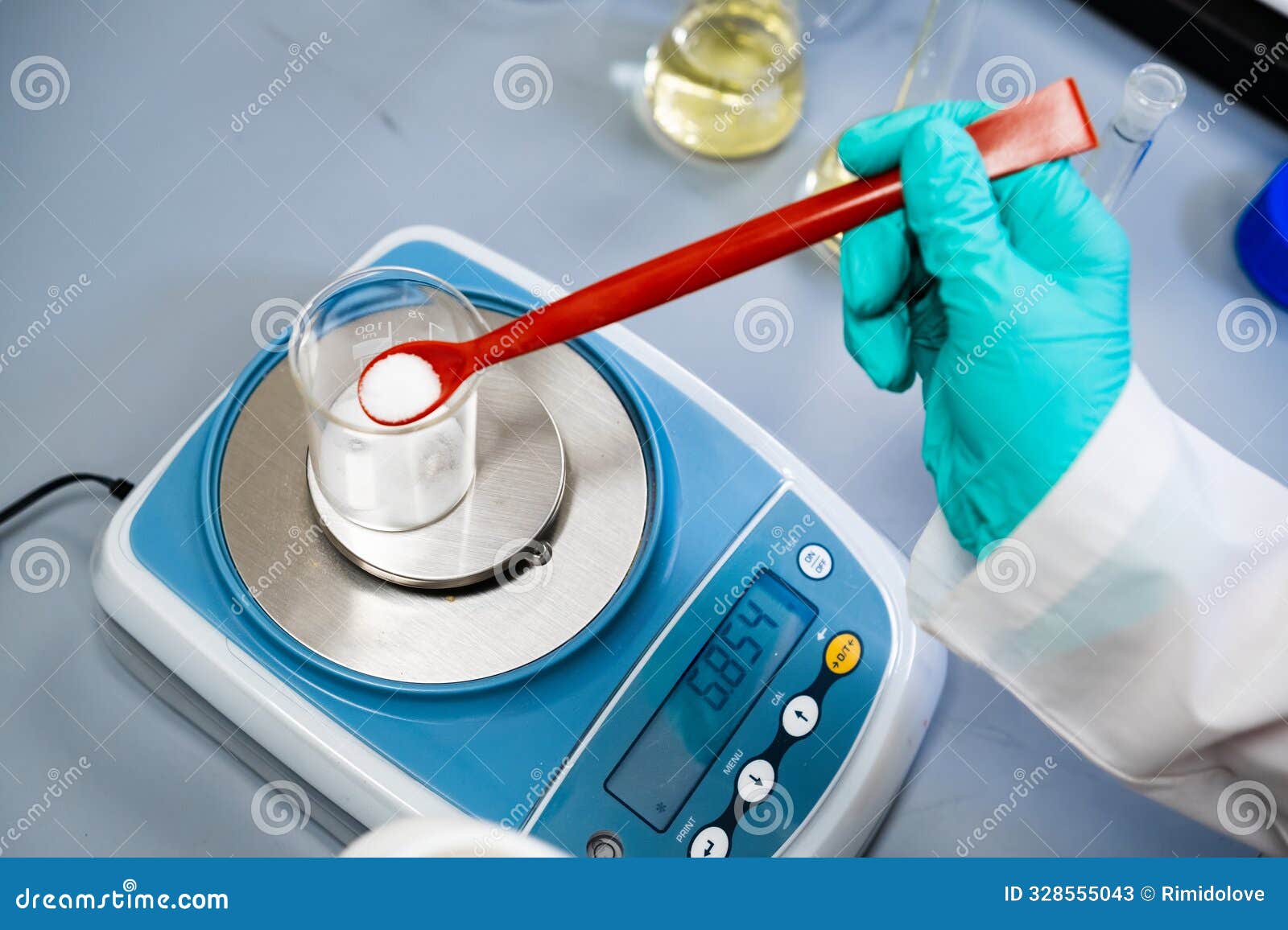 Top View Woman is Using Laboratory Balances To Weigh Powder Samples ...