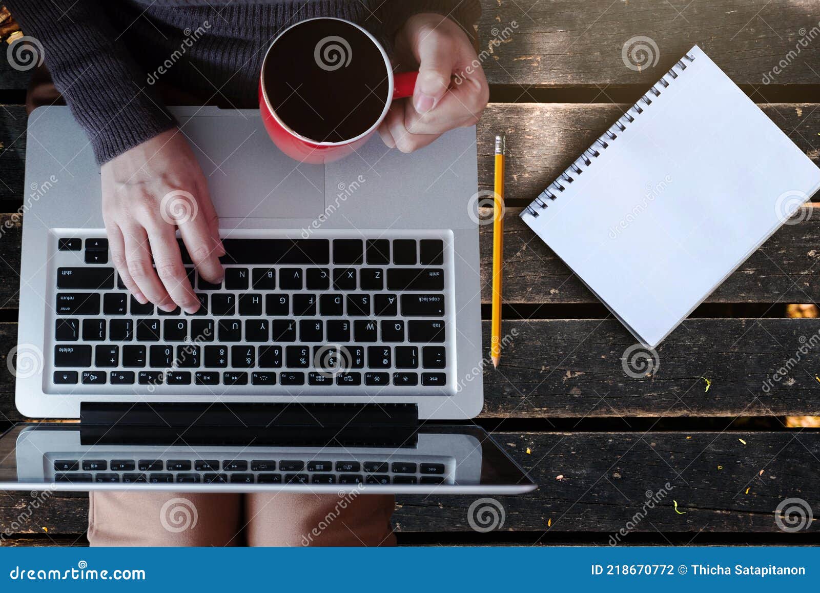 Top View, Woman is Working with Computer and Notebook Stock Photo ...