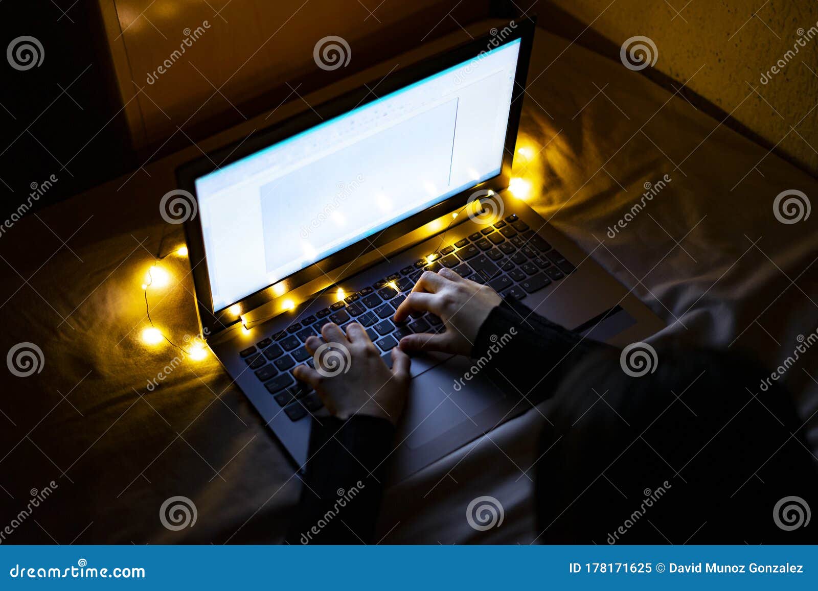 Top View of a Woman Working with the Laptop at Night Stock Image ...