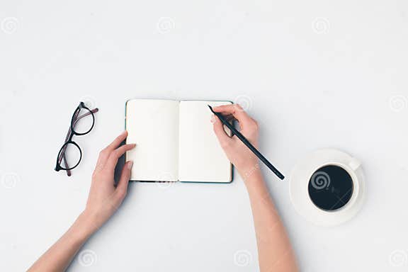 Top View of Woman Writing in Notebok Stock Photo - Image of white ...