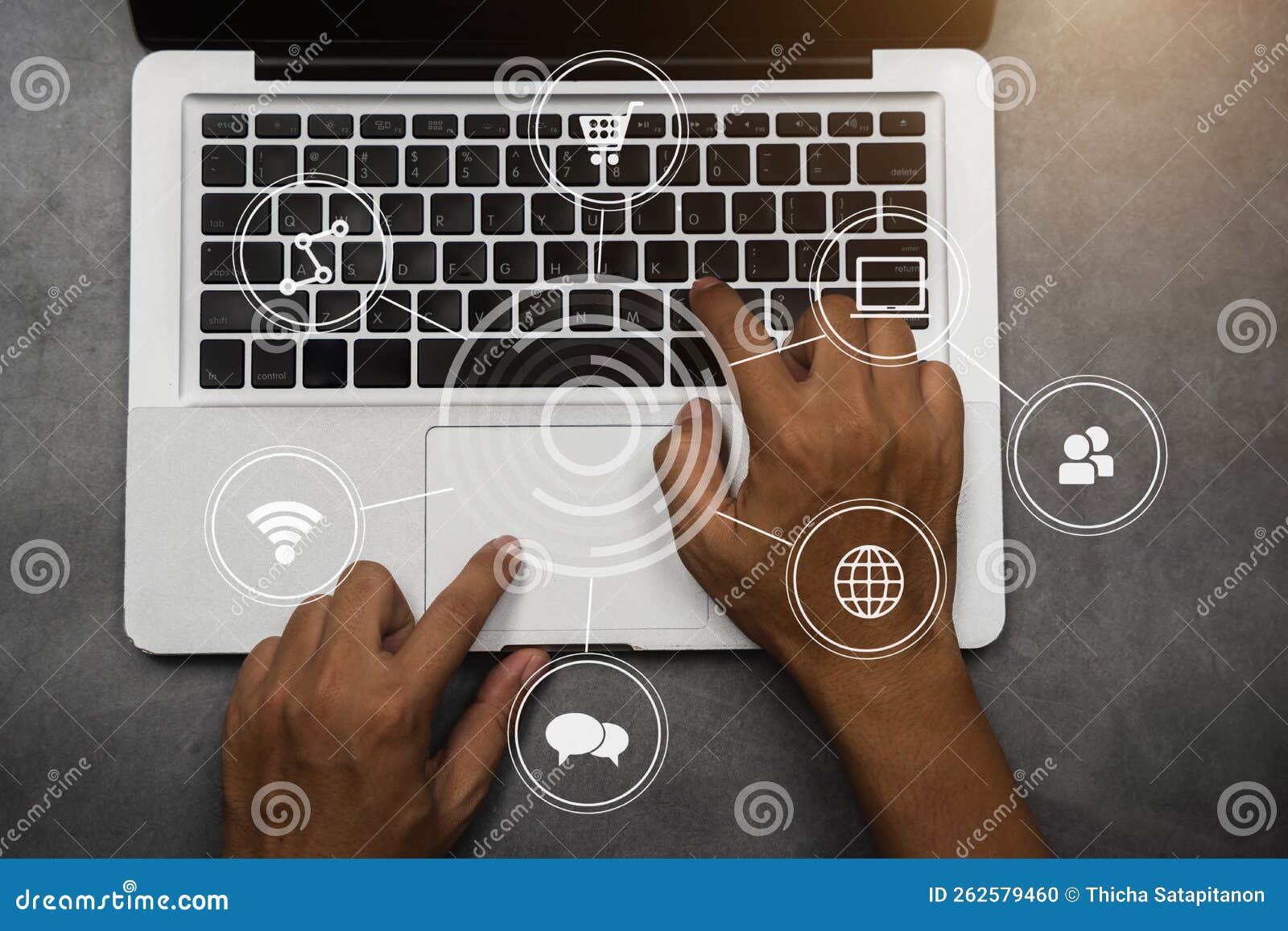 Top View of Women Keyboard Computer with Virtual Interface Icons Screen ...