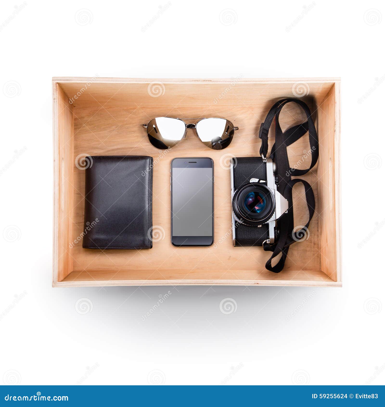Top View of Wooden Box. Set of Diferent Things Inside Stock Photo ...