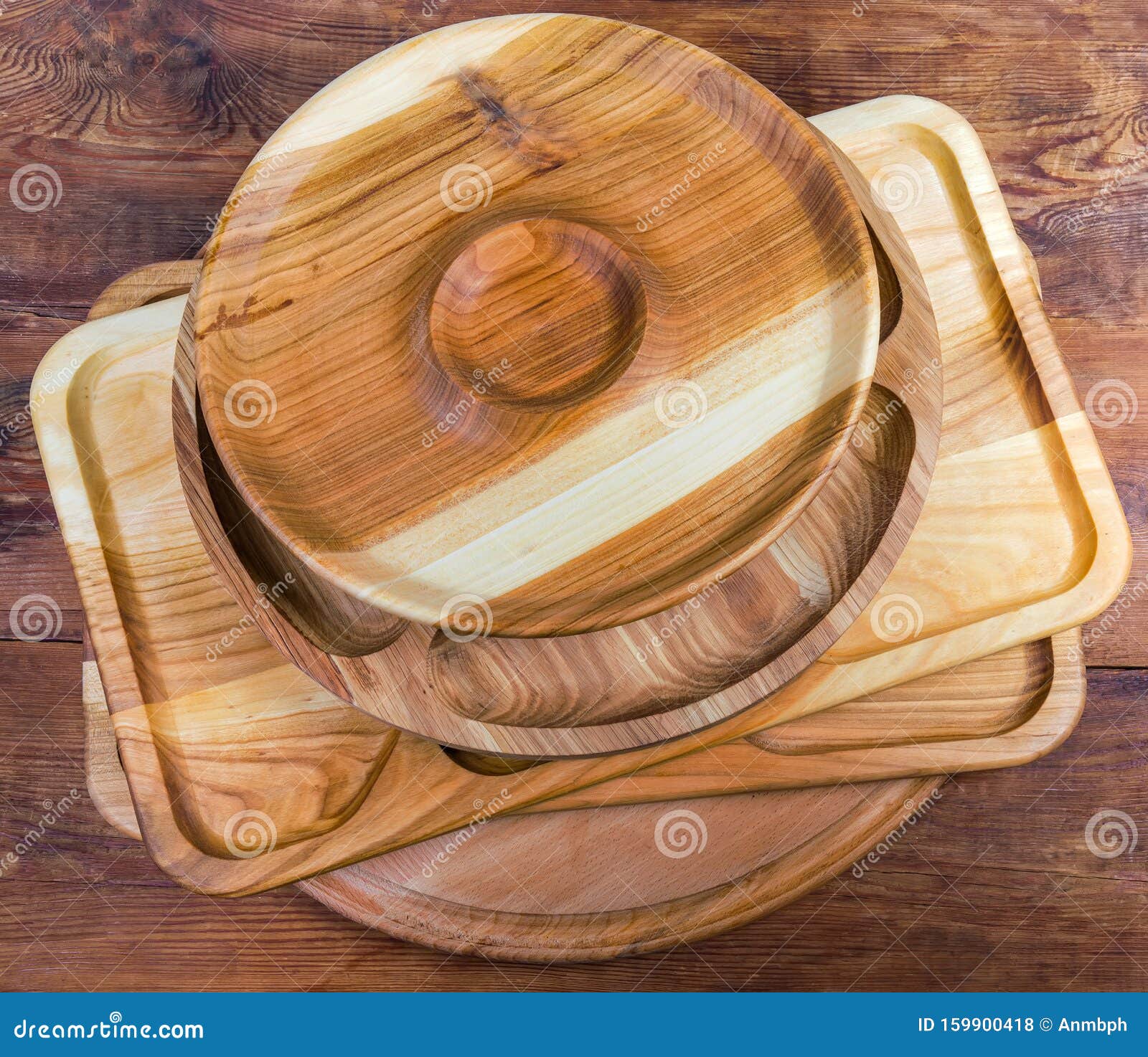 Top View of Wooden Compartment Dishes and Serving Boards Stack Stock ...