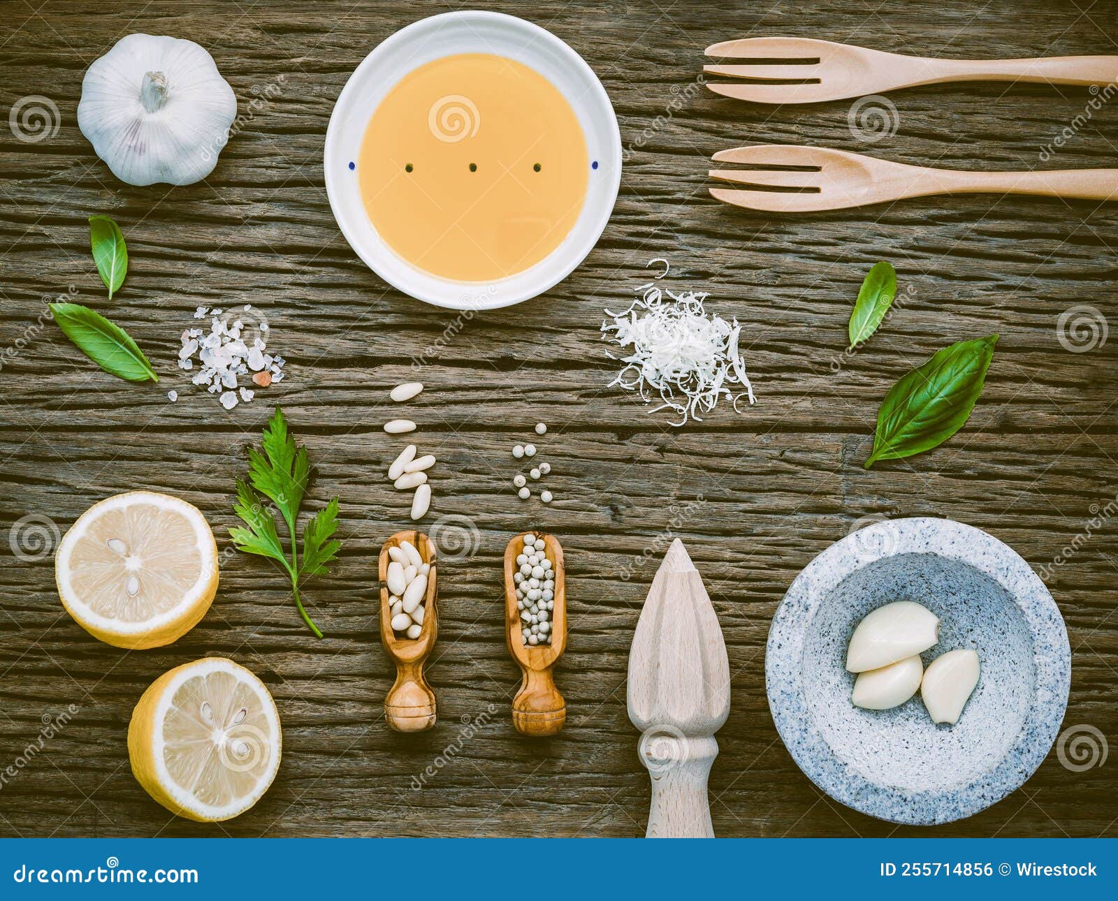 Top View of Wooden Kitchen Table with Different Seasonings Stock Photo ...
