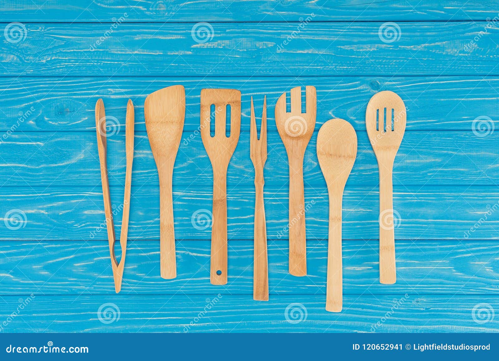 Top View of Wooden Kitchen Utensils Placed in Row Stock Image - Image ...