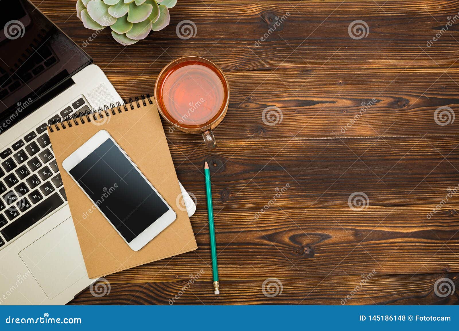 Top View Wooden Office Desk with Copy Space Stock Photo - Image of ...