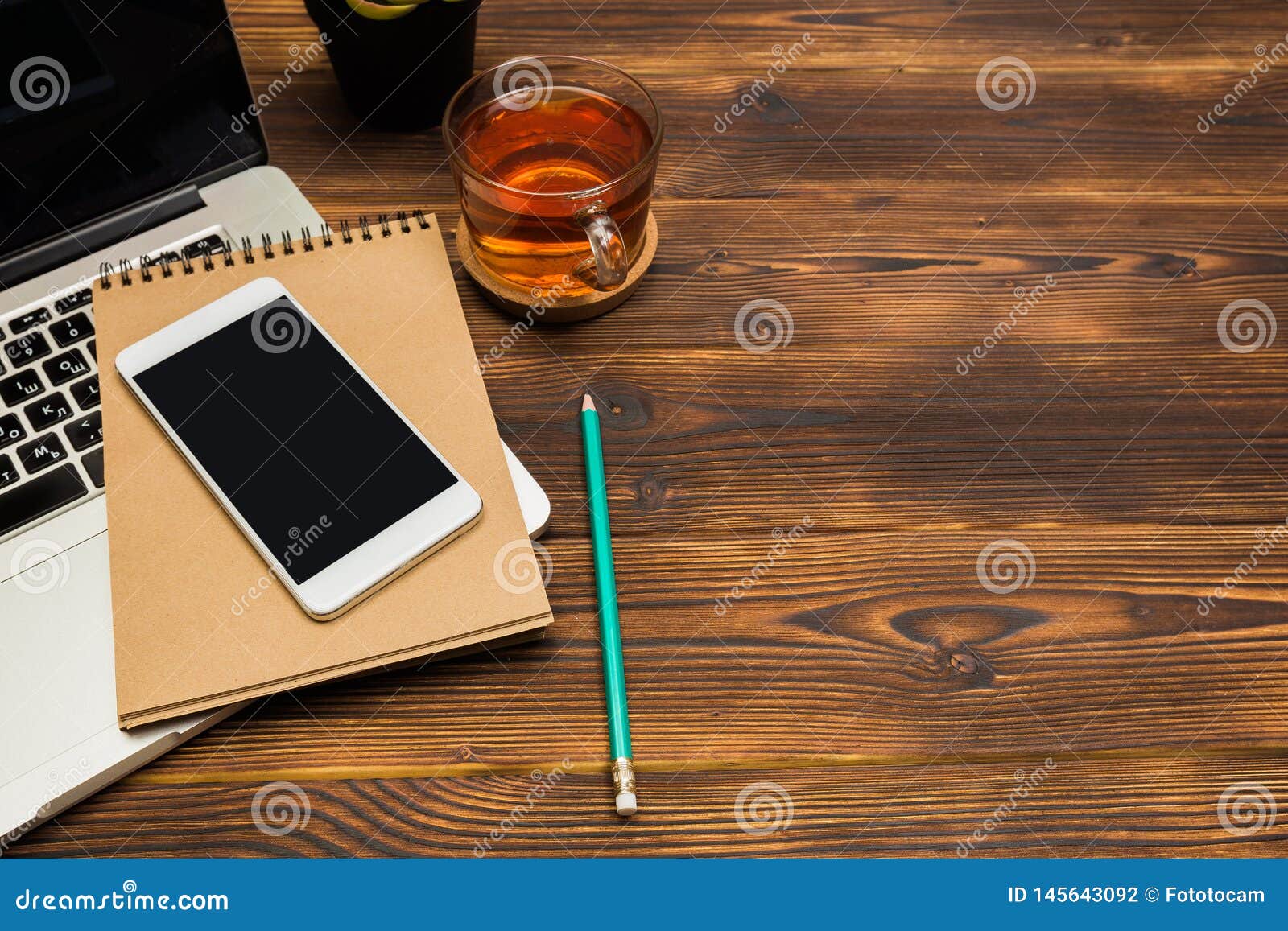 Top View Wooden Office Desk with Copy Space Stock Photo - Image of ...