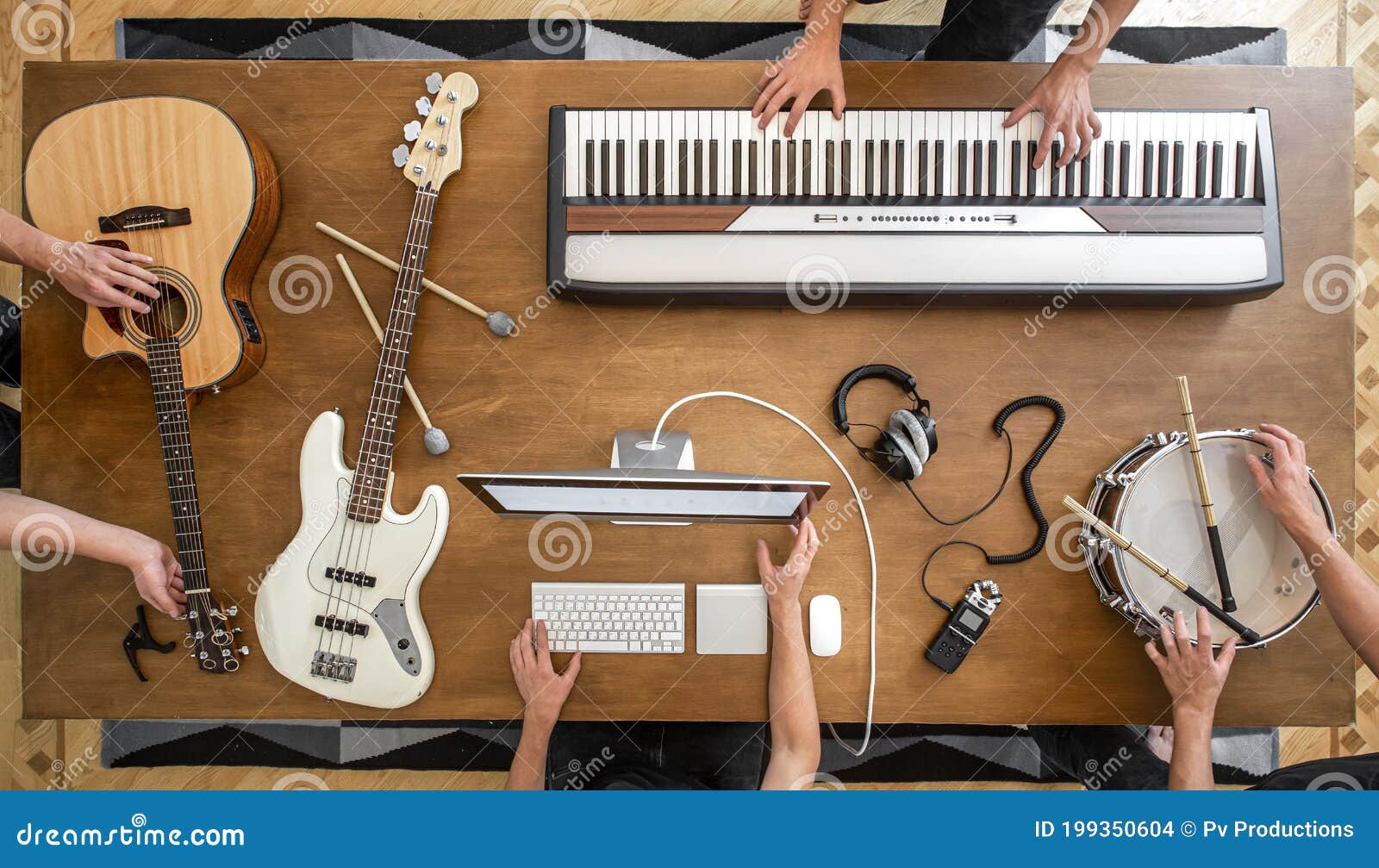 Top View of Work Desk of Musicians in the Process of Recording Music in ...