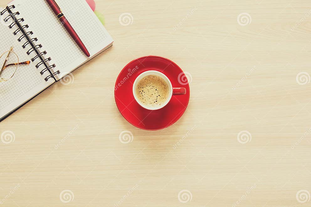 Top View on Work Table. Coffee Cup, Glasses, Notes and Pen Stock Image ...