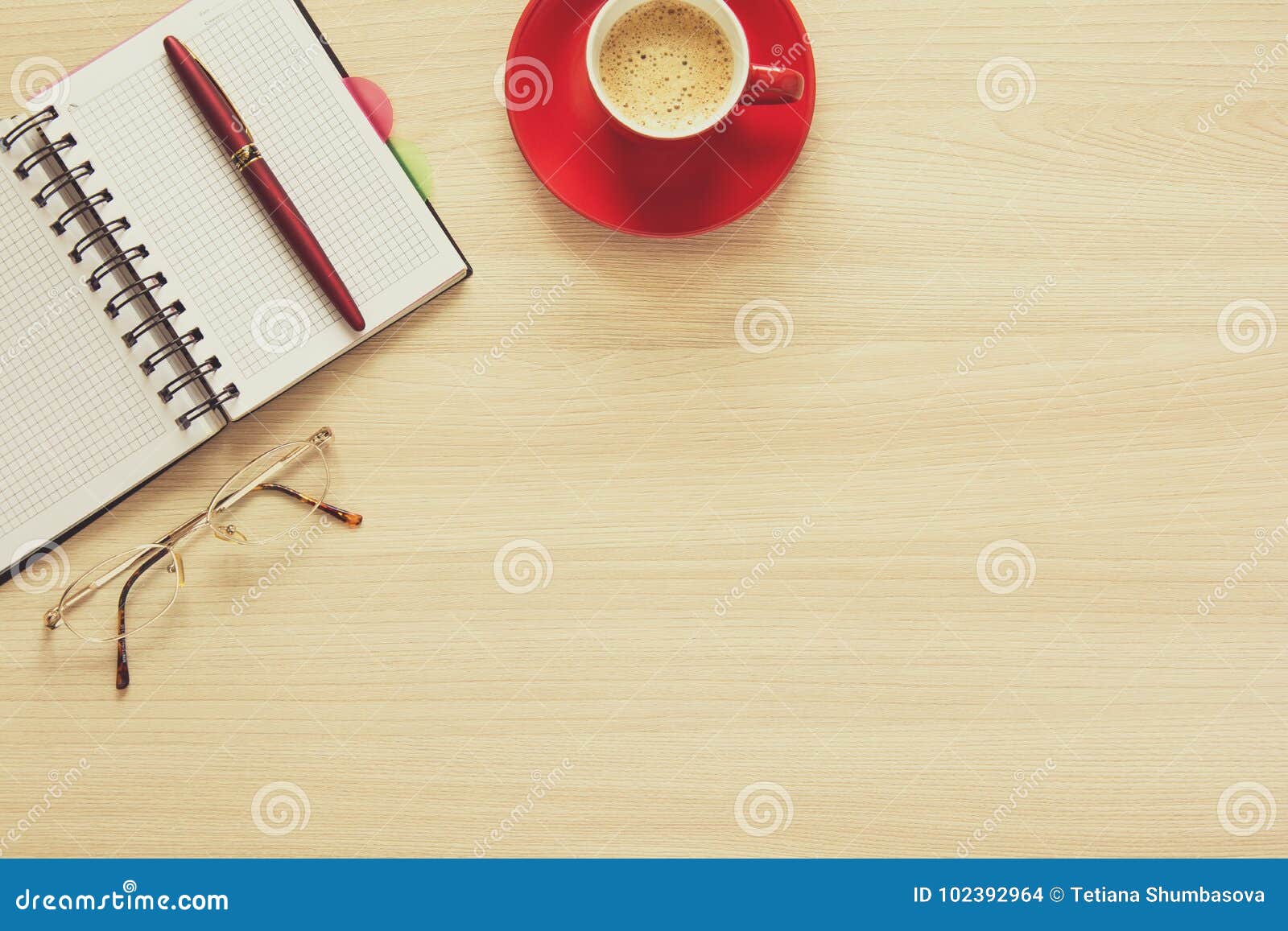 Top View on Work Table. Coffee Cup, Tablet, Glasses, Notes and Pen ...