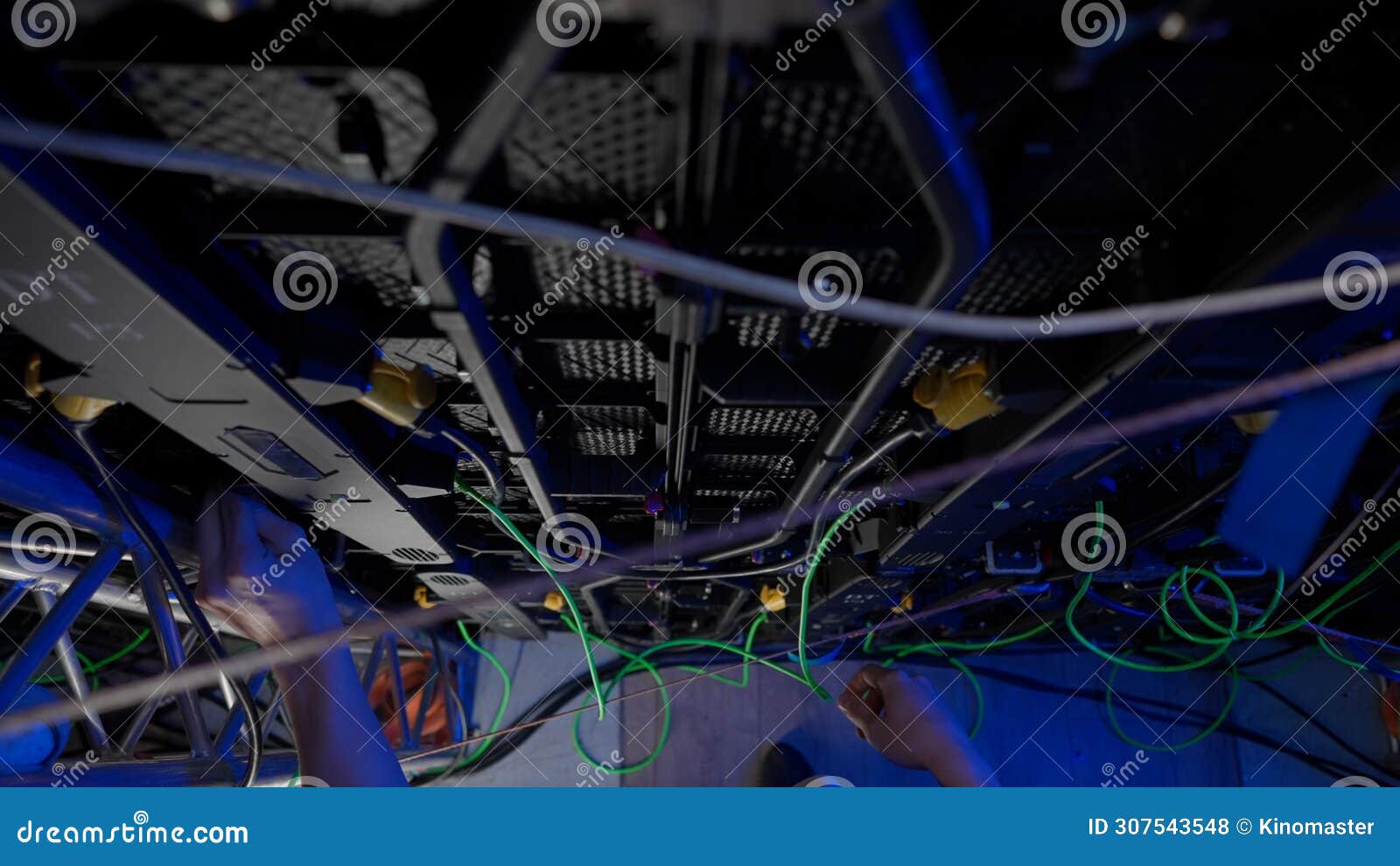 Top View Worker Checking Big Led Screen Panels Wires. Technician ...