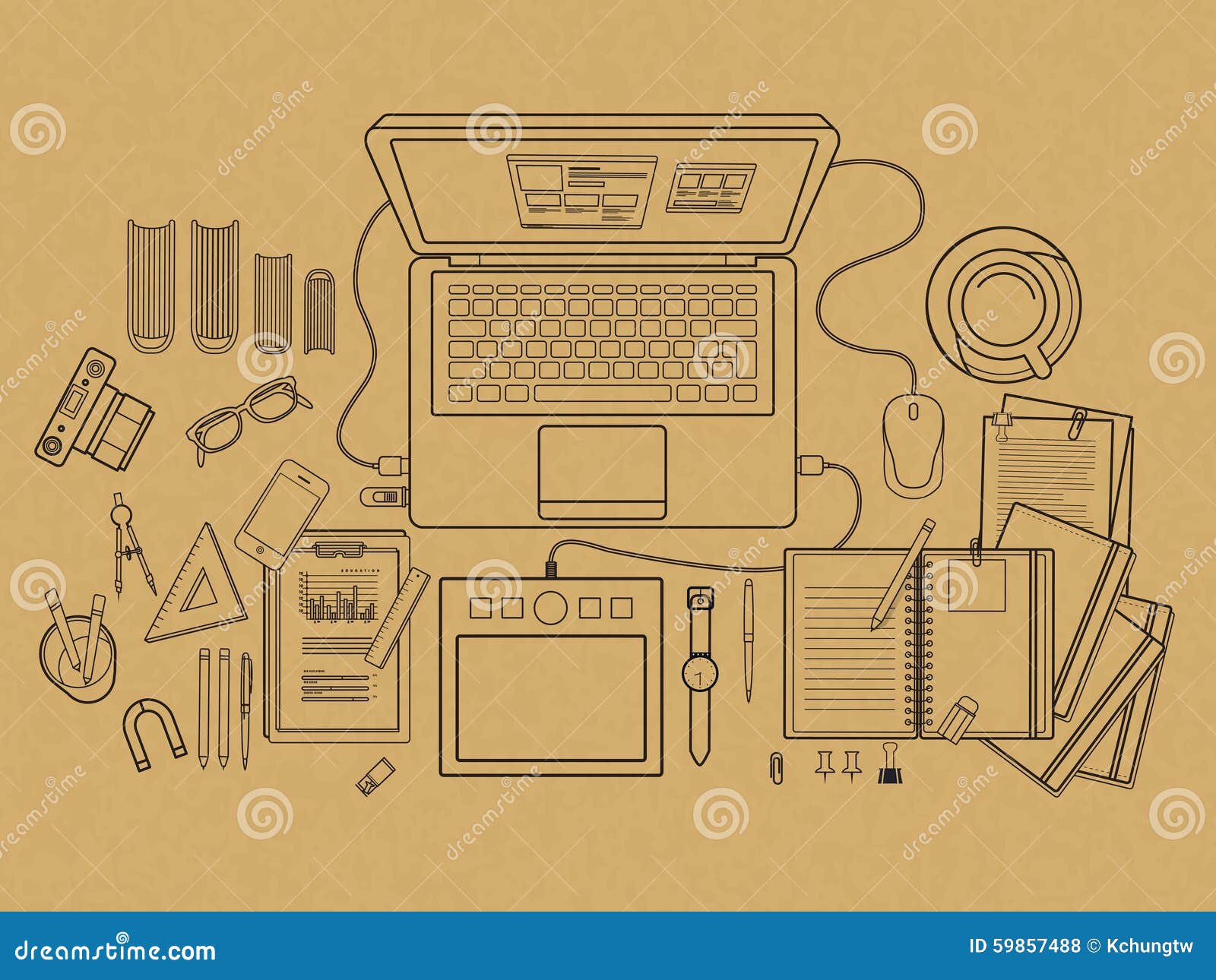 Top view of working place stock vector. Illustration of office - 59857488