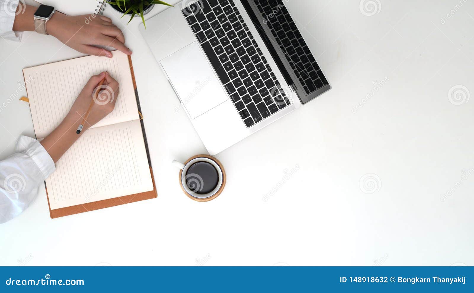 Top View Working Woman Writing Notes Stock Photo - Image of computer ...