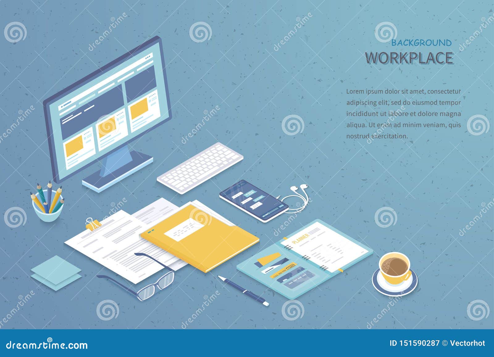 Workplace Background. Top View Of A Table With Monitor, Books ...