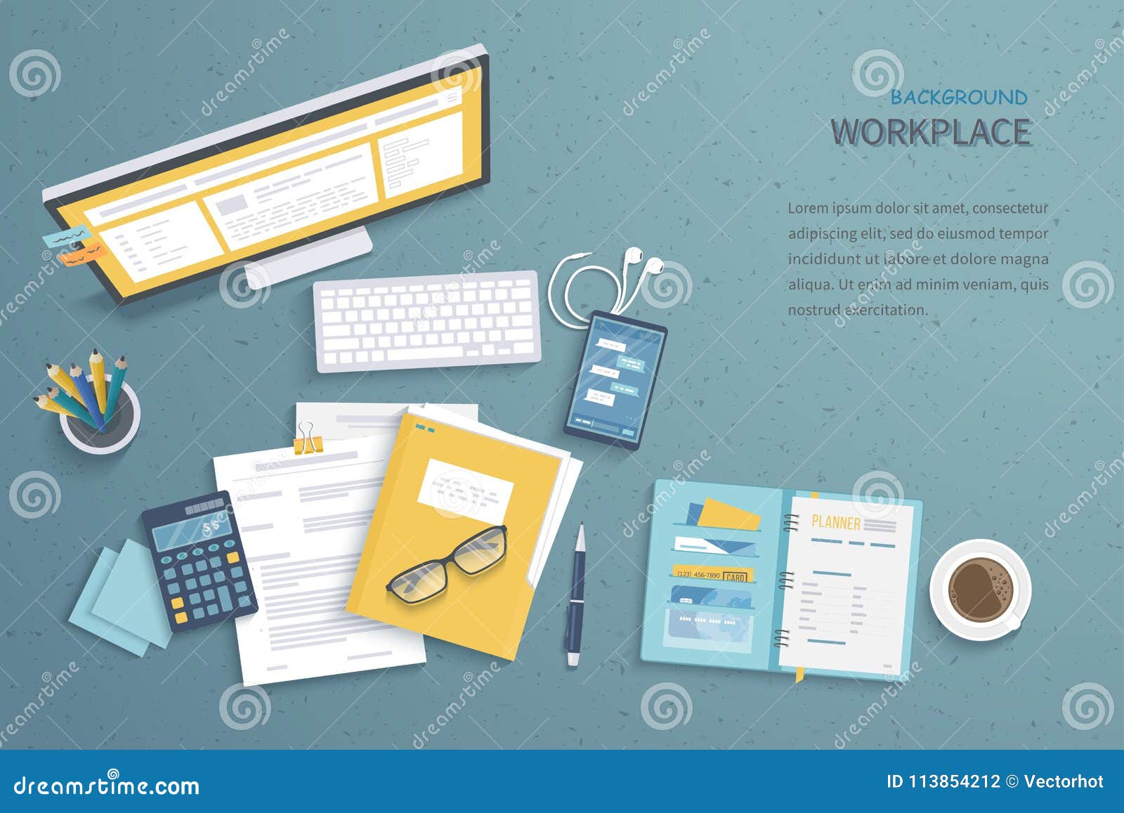 Top View of Workplace Background, Monitor, Keyboard, Notebook ...