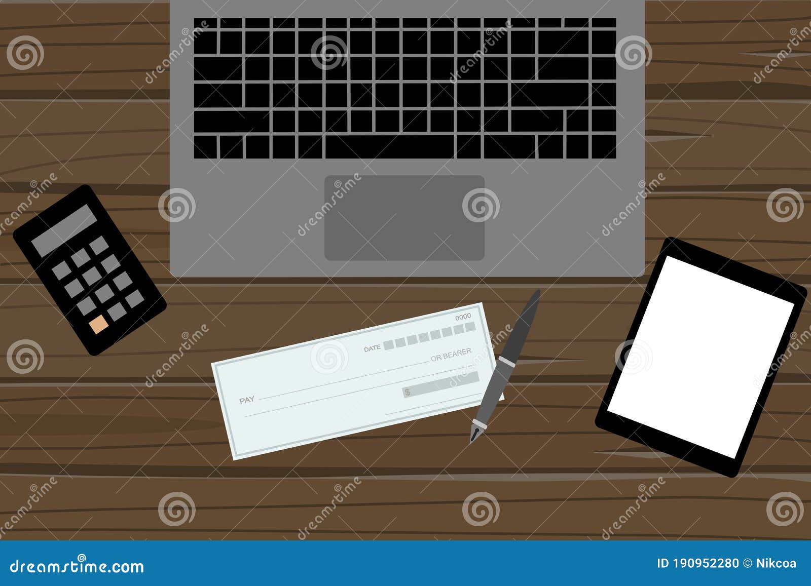 Top View Workplace Desktop Background with Laptop Computer, Checkbook ...