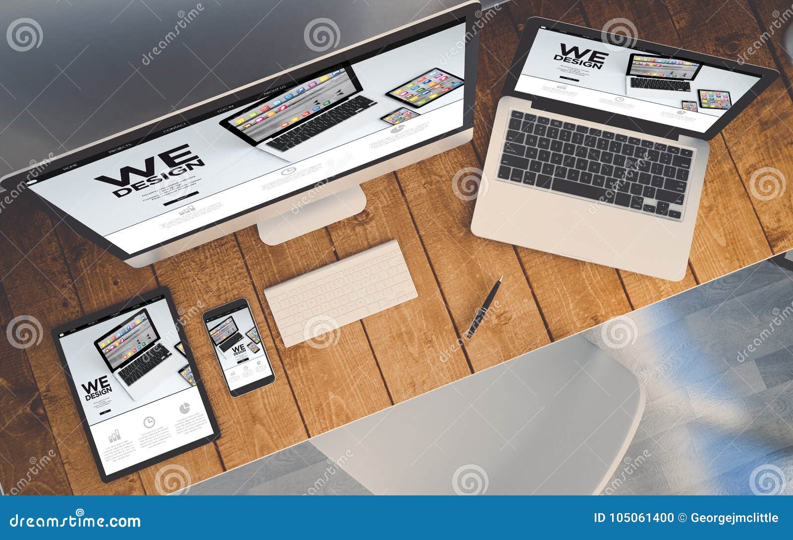 Top View Workplace with Devices Showing Responsive we Design Web Stock ...