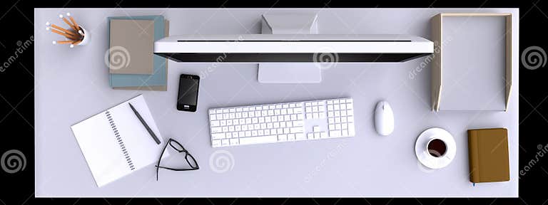 Top View of Workspace with Computer and Other Elements on Table ...