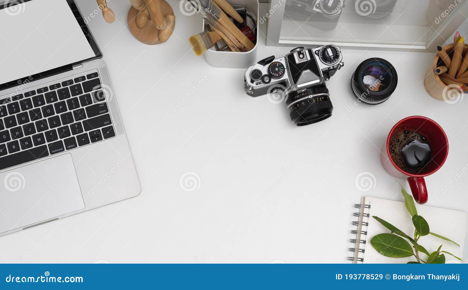 Workspace with Mock Up Laptop, Camera, Stationery, Decorations and Copy ...