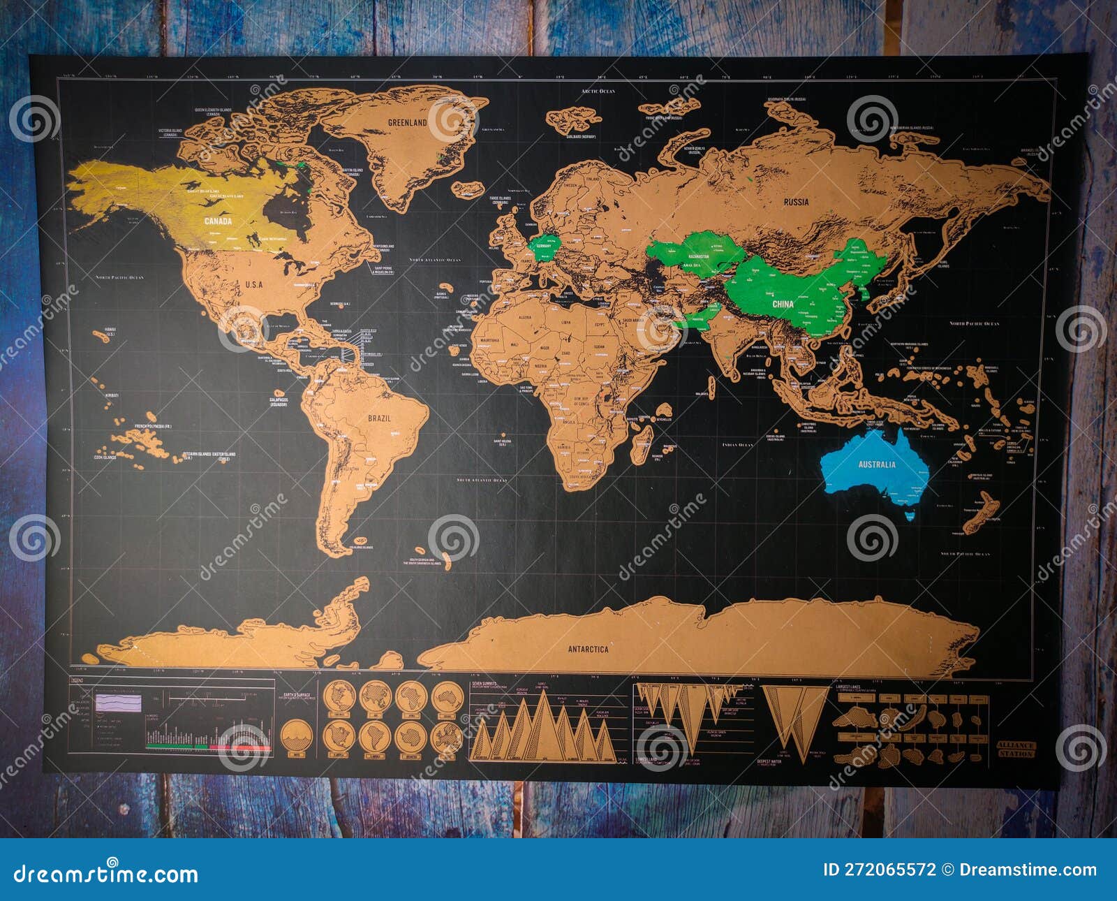 Top View World Map on a Blue Wooden Stock Photo - Image of globe ...