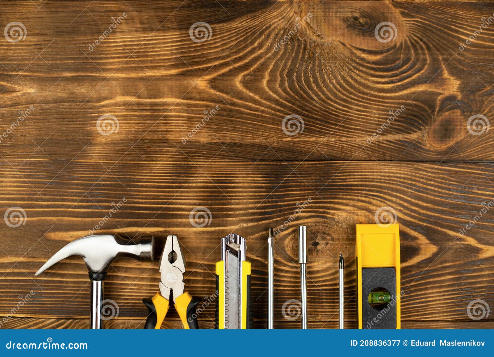 Top View of Yellow Construction Instruments and Tools on Wooden DIY ...