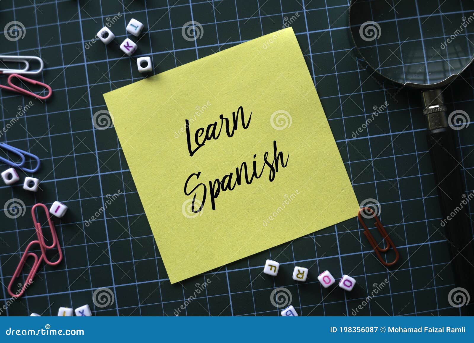 Top View of Yellow Memo Notes Written with Learn Spanish on Green ...