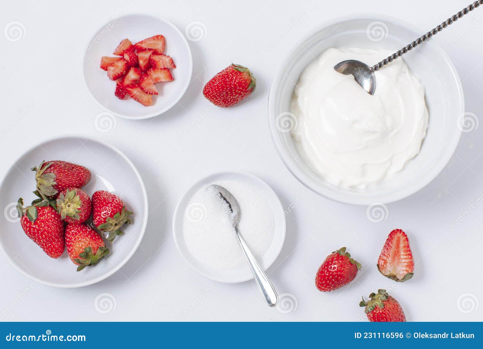 Top View Yogurt Bowls with Strawberries Table. High Quality Photo Stock ...