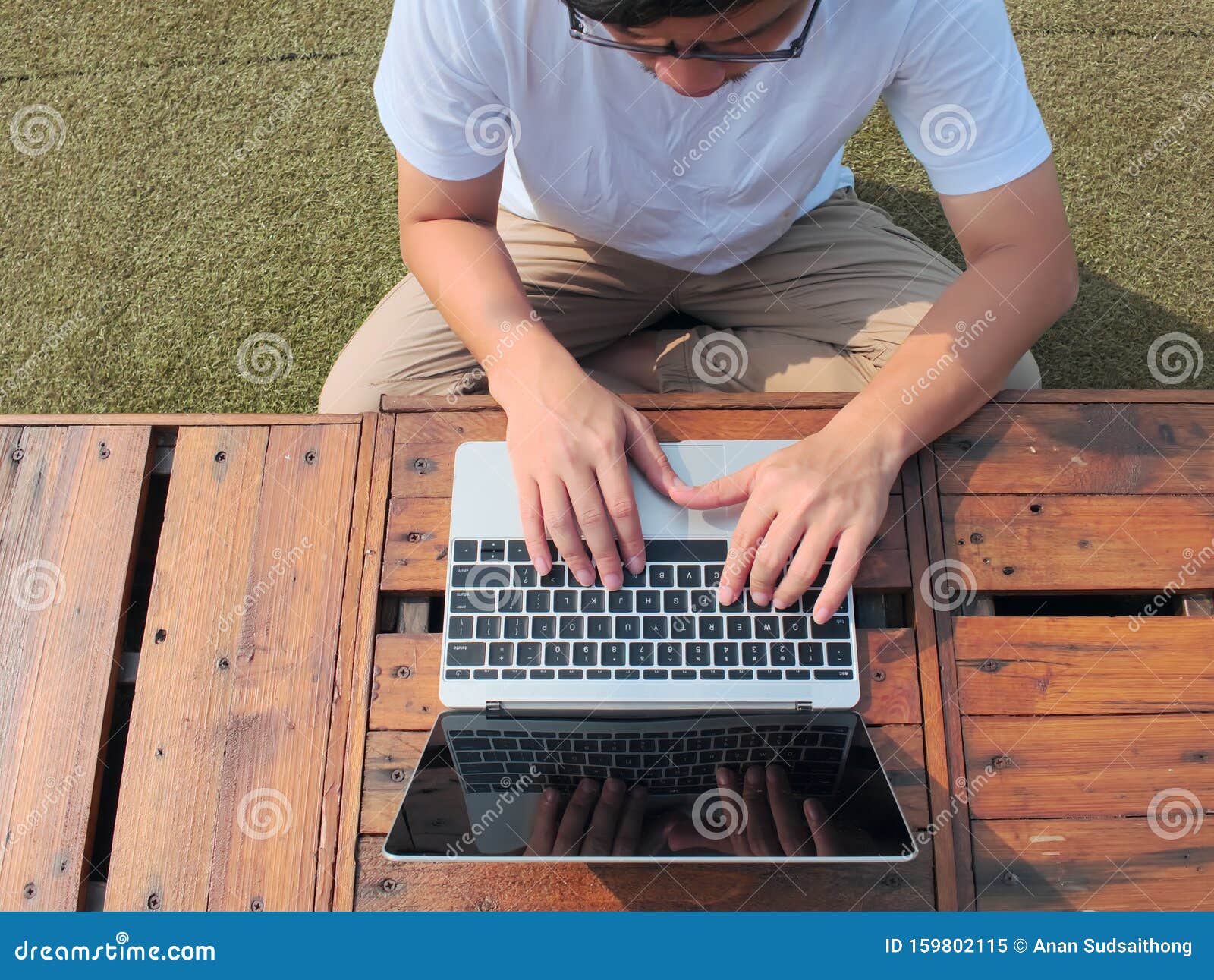 Top View of Young Asian Man Using Computer Laptop at Outdoors. Internet ...