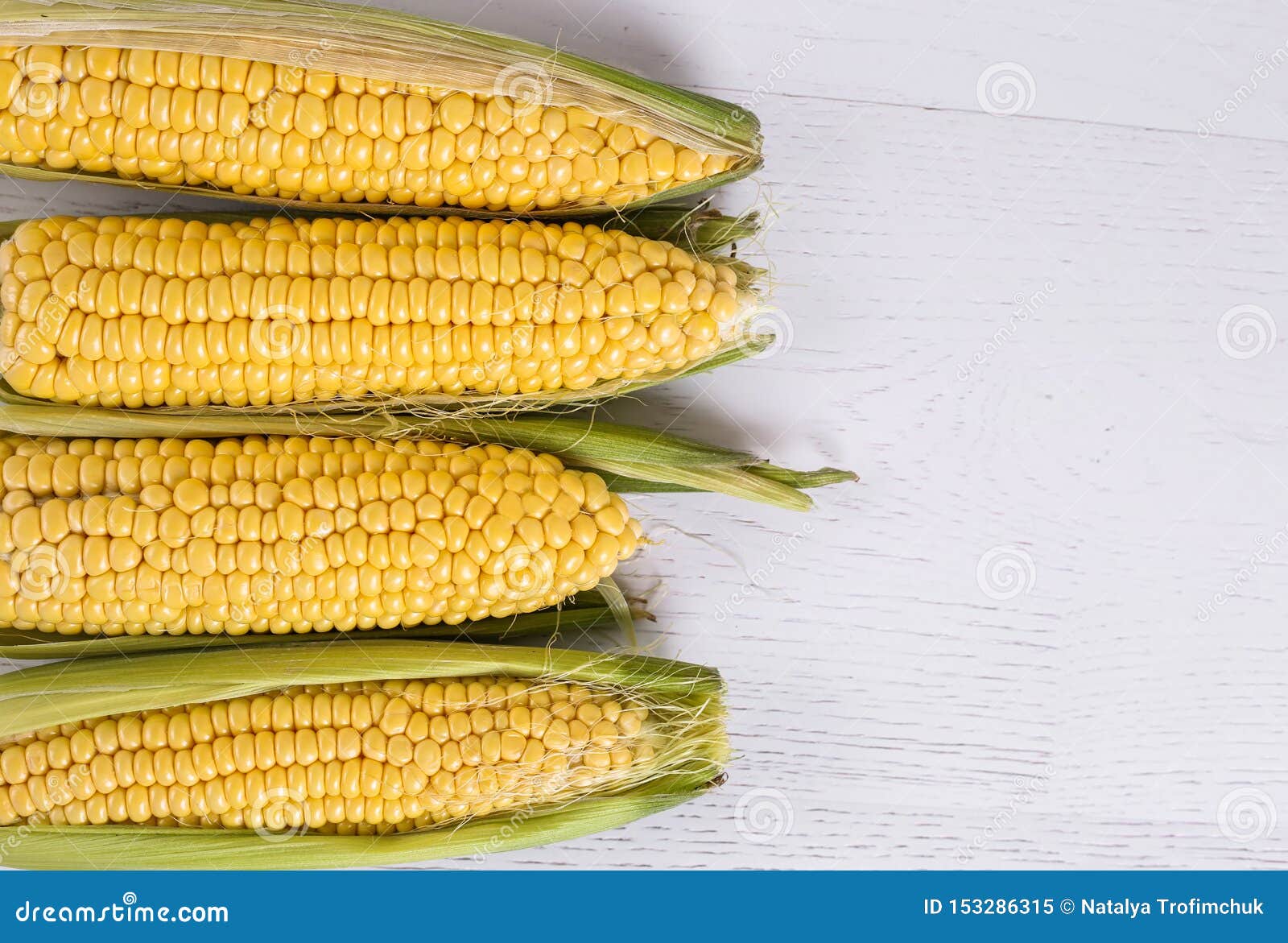Top View of Young Corn Heads on White Wood Background. Space for Text ...