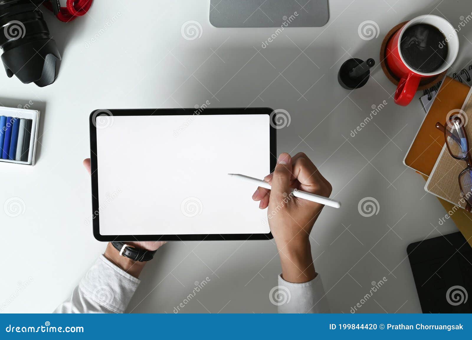 Top View of Young Graphic Designer Using Stylus Pen Writing on Tablet ...