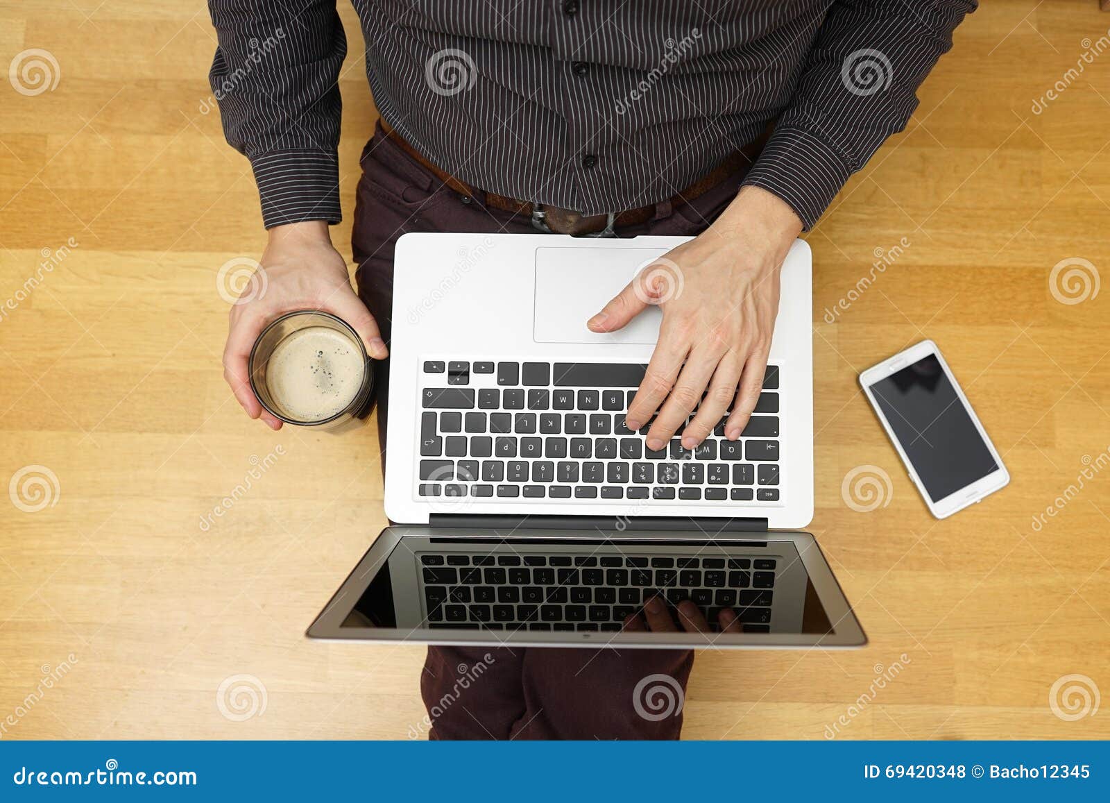 Top View of Young Man Chatting Online with Friends Using Laptop Stock ...