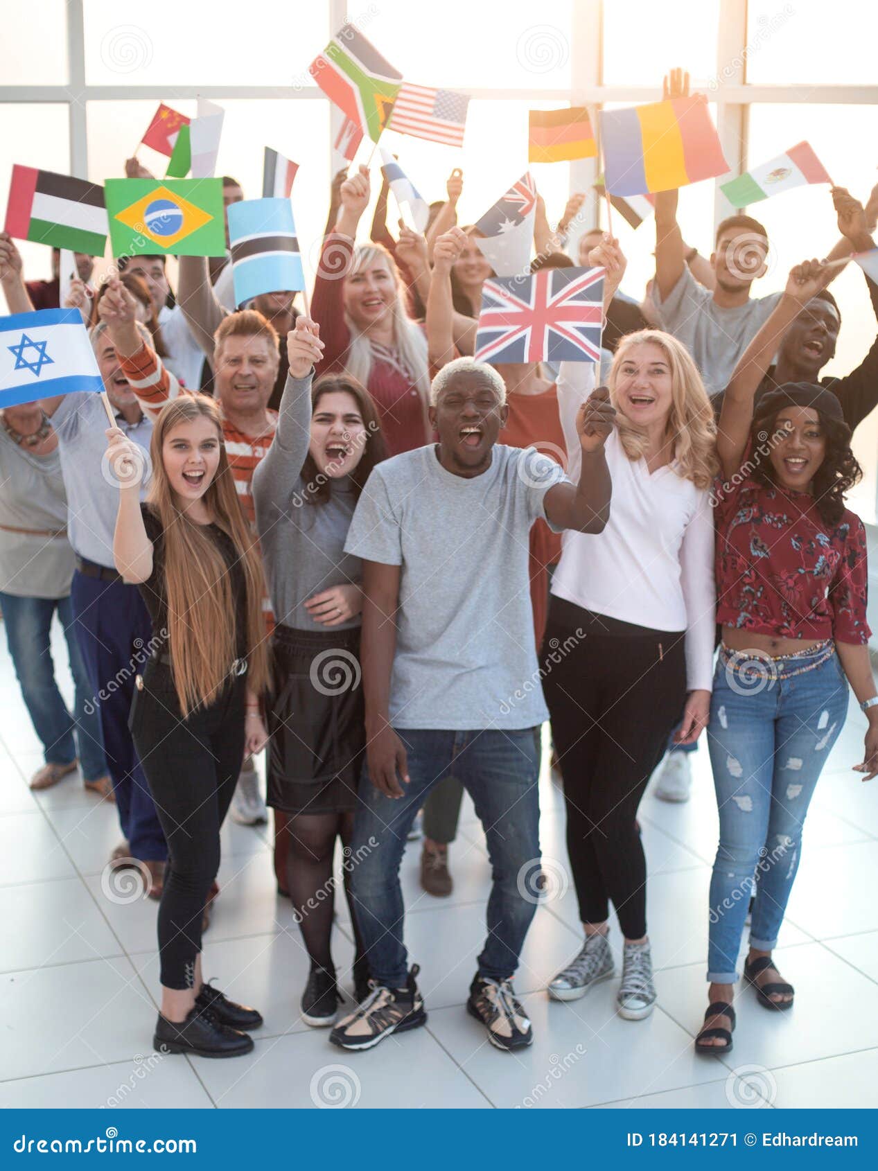 Top View Young Multi Ethnic Business People Group Waving Flags Stock ...