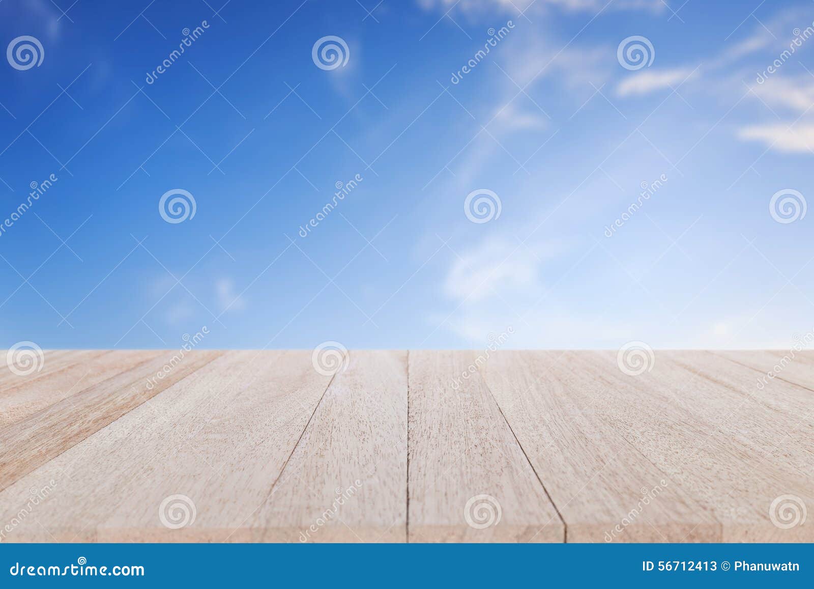 Top Wooden Table and Blur of Blue Sky Background Stock Image - Image of ...