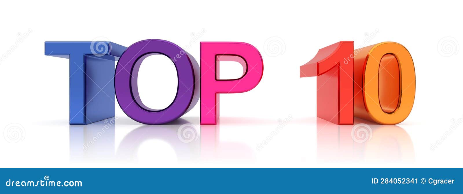 Top 10 Word with Reflections on White Background, 3D Rendering Stock ...