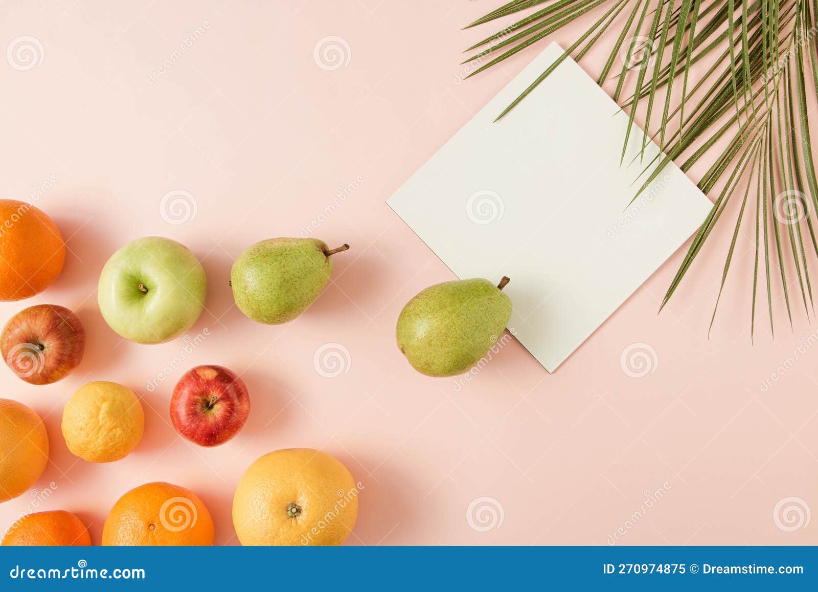 Tope View of a Pink Surface with Variety of Fresh Fruit with a Blank ...