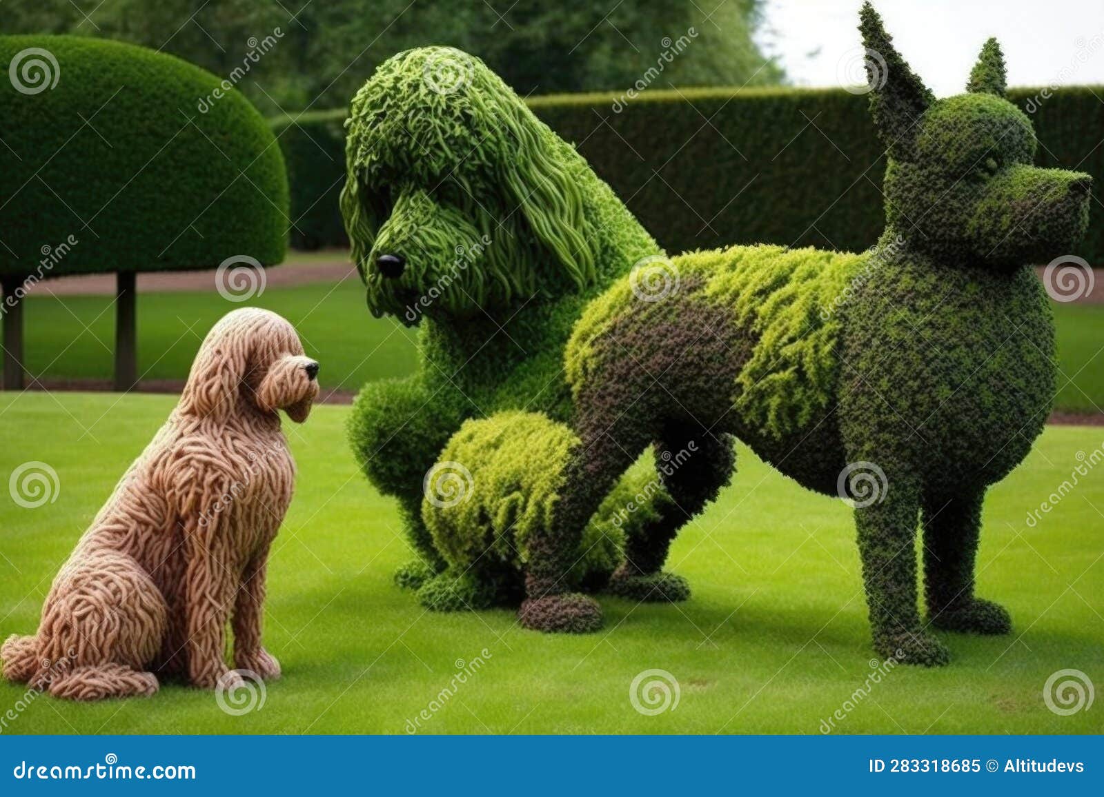 Topiary with Animal Shapes, Including Dog and Cat Stock Illustration ...