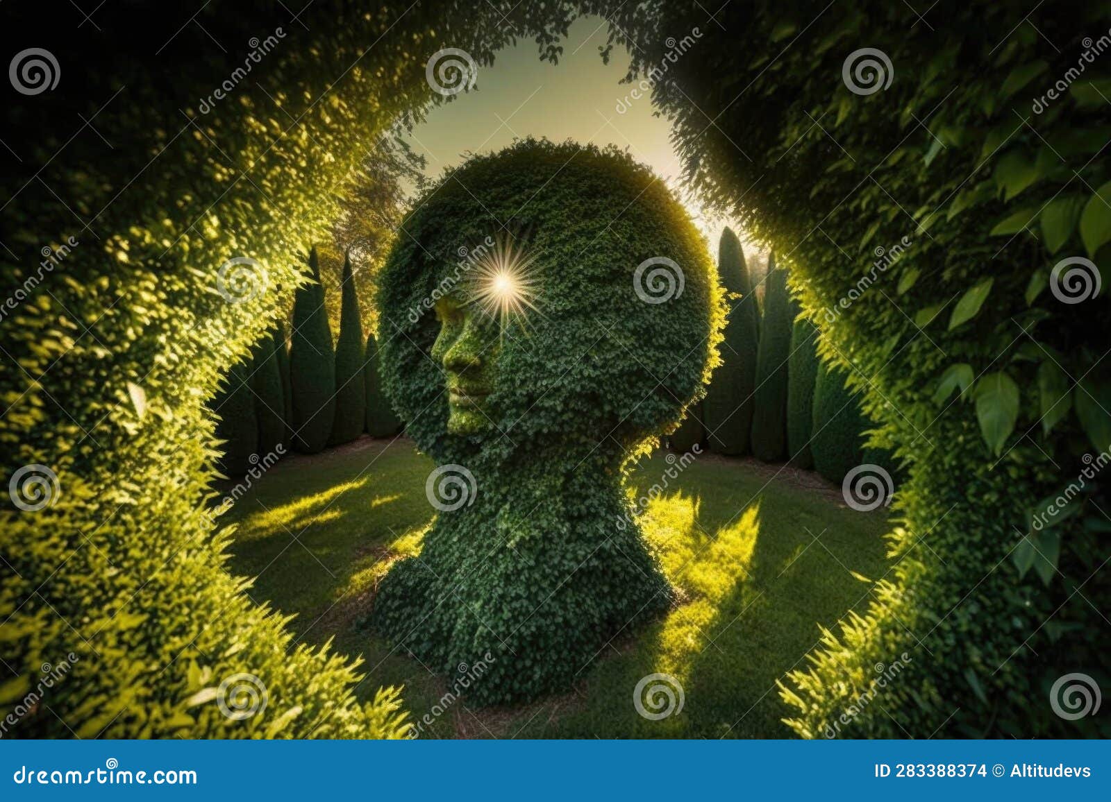 Topiary of Sun, with Rays and Face Peeking through the Leaves Stock ...