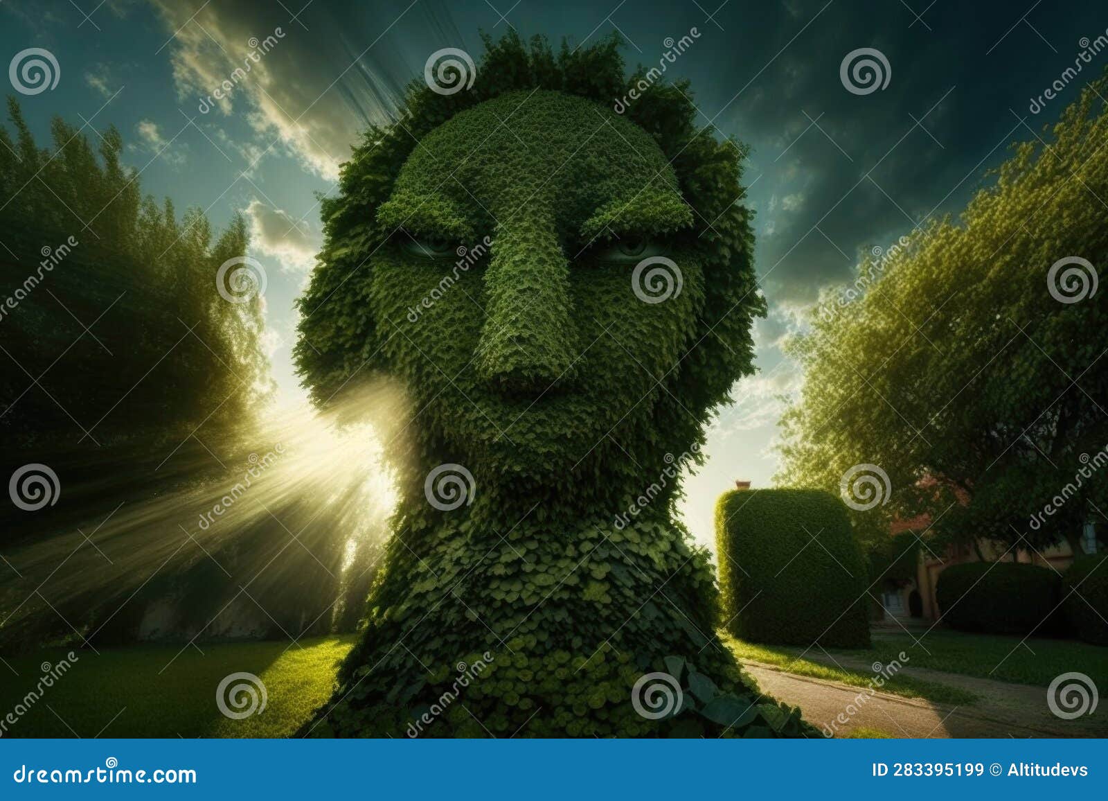 Topiary of Sun, with Rays and Face Peeking through the Leaves Stock ...
