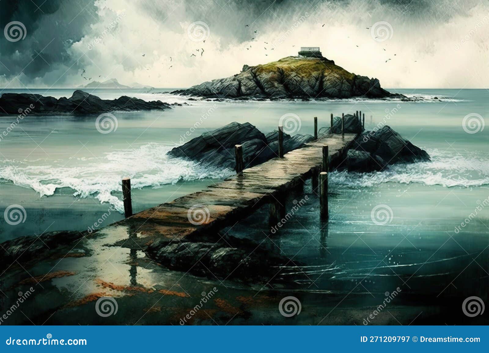 A Seascape a Small Jetty in Foreground Stock Illustration ...