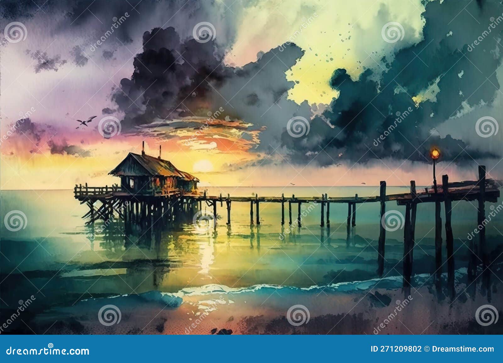 A Seascape a Small Jetty in Foreground Stock Illustration ...